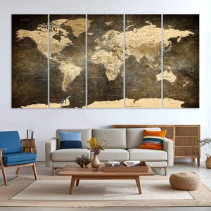 Vintage World Map Print, 3 Multi Panel Map, World Map Canvas Art ...