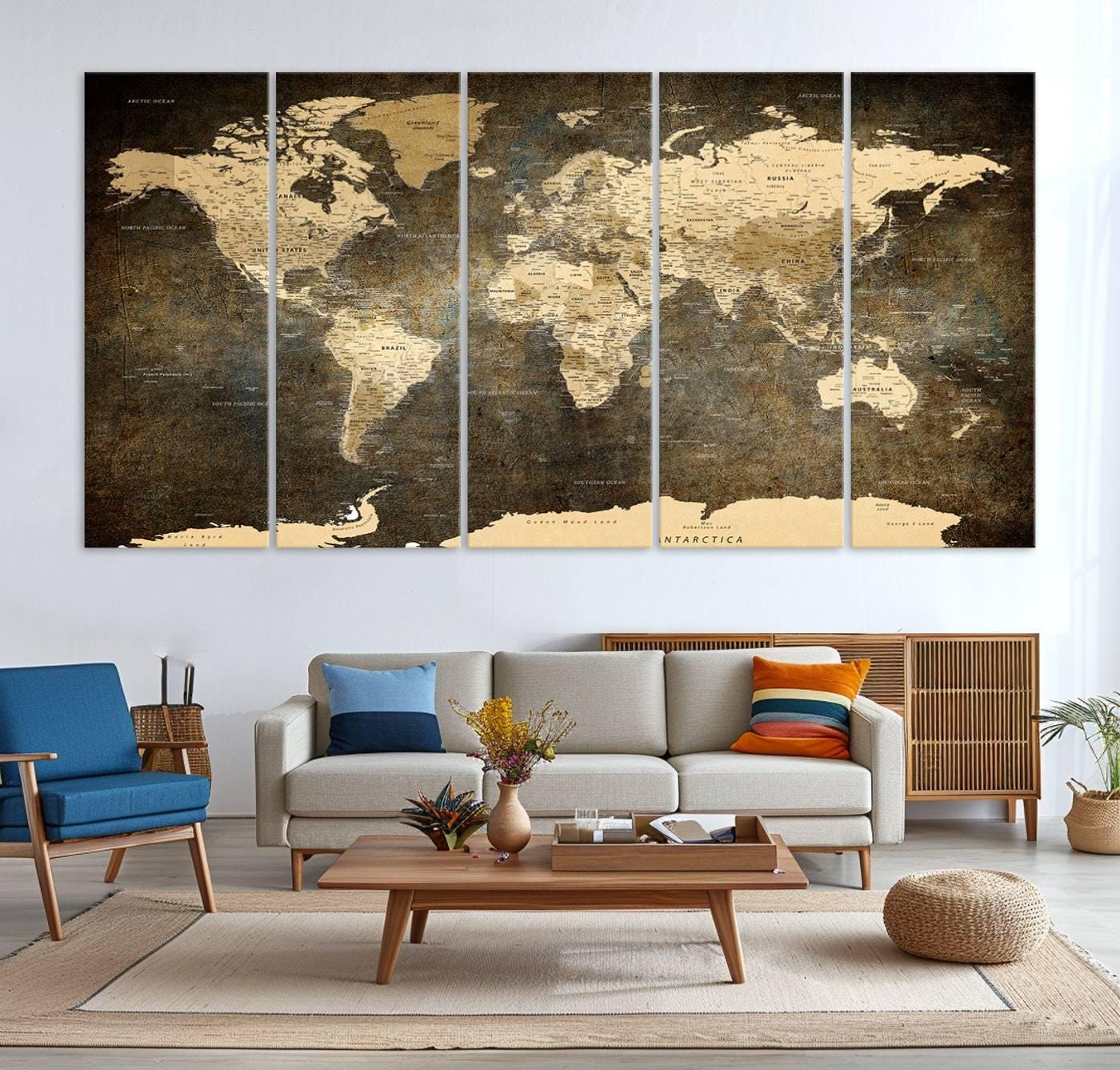 Vintage World Map Print, 3 Multi Panel Map, World Map Canvas Art ...