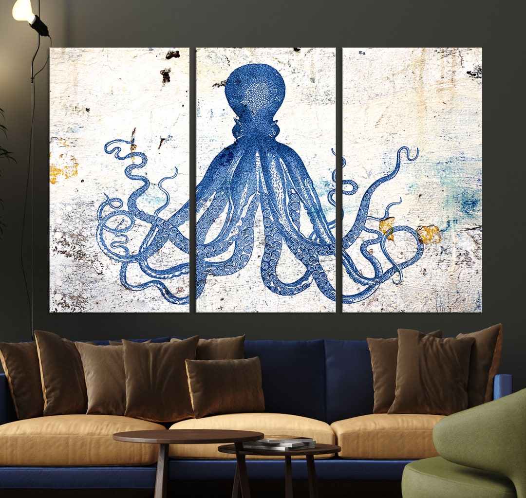 Abstract Octopus Wall Art Canvas Print, Blue Octopus Triptych Kraken ...