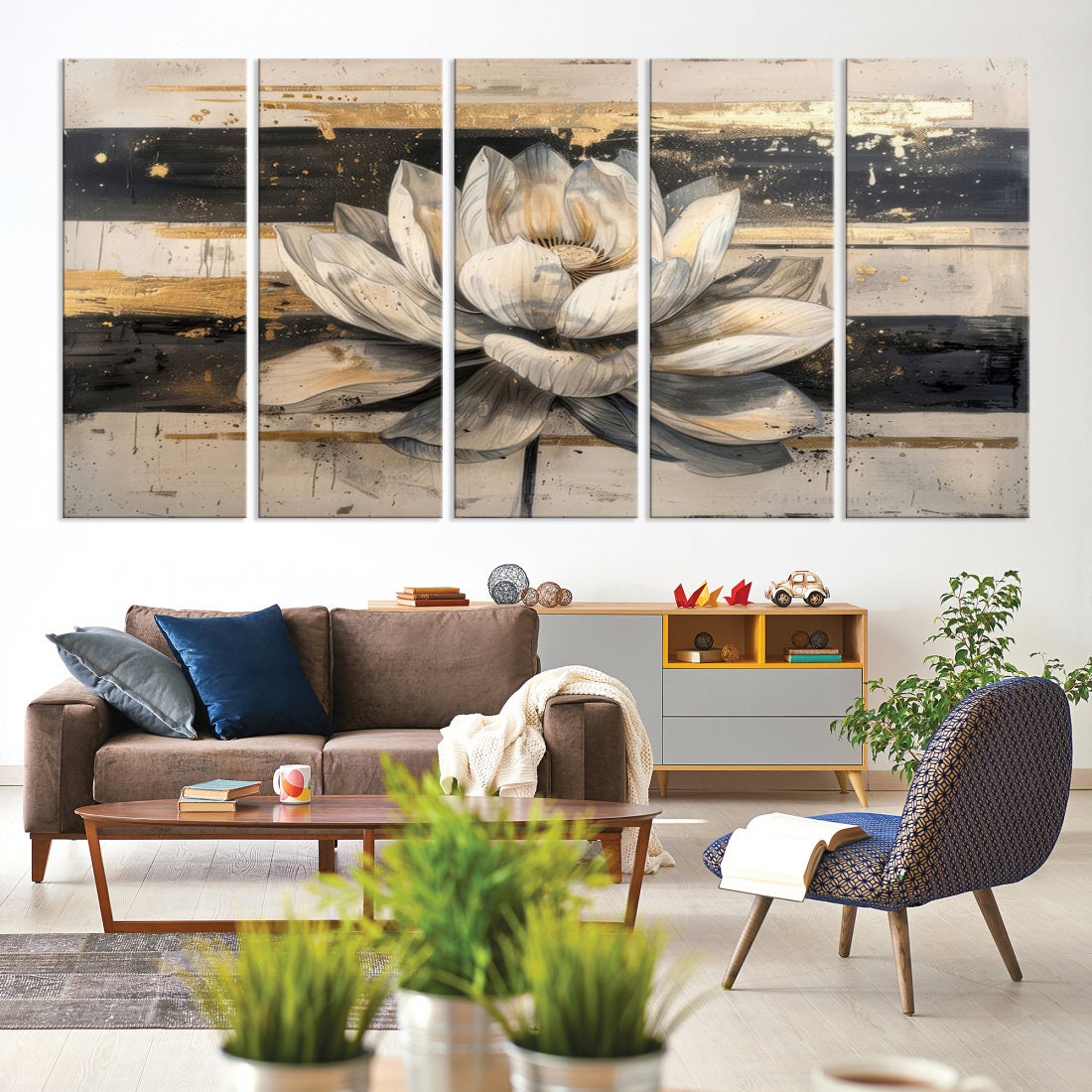 White Lotus Flower Painting Wall Art Canvas Print, Floral Canvas Print ...