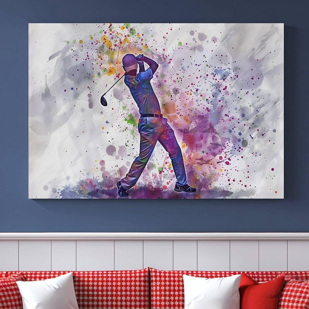 Golf Player Watercolor Triptych Canvas Wall Art, Abstract Golf Player ...