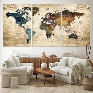Rustic World Map Canvas Print, Framed Vintage Wall Art for Living Room ...