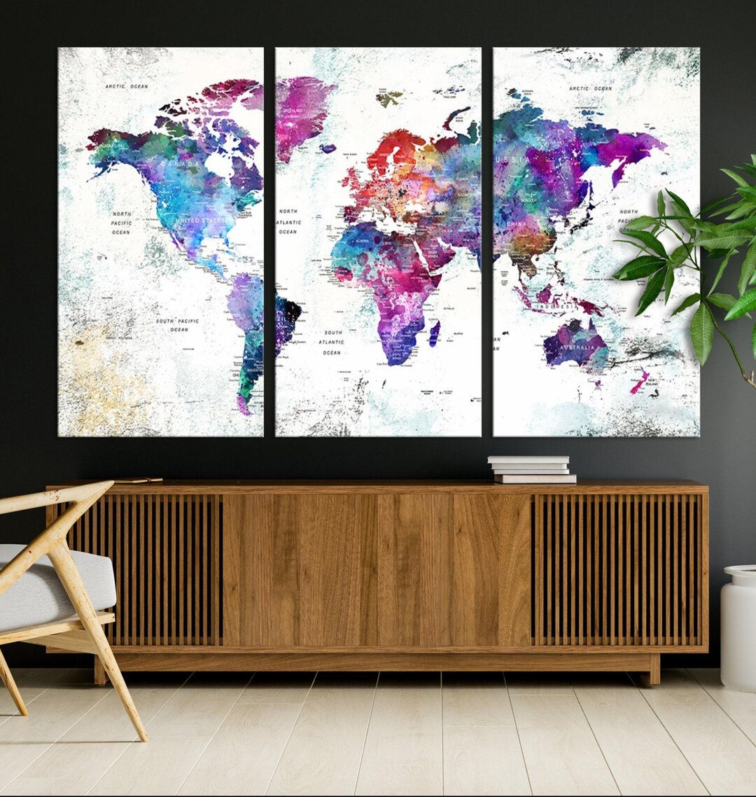 Rainbow Color World Map Print on Canvas, Gallery Wrap Print Map, 3 ...