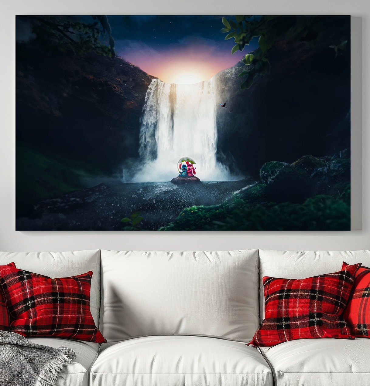 Stitch and Angel Under Waterfall Wall Art Canvas Print, Lilo & Stitch ...