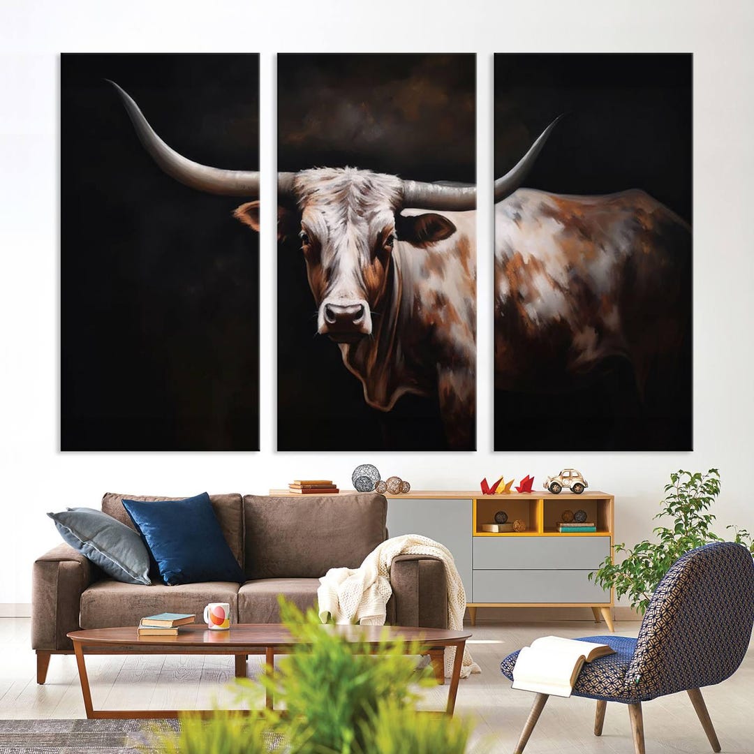 Texas Longhorn Bull Canvas Wall Art – Framed Majestic Animal Portrait ...