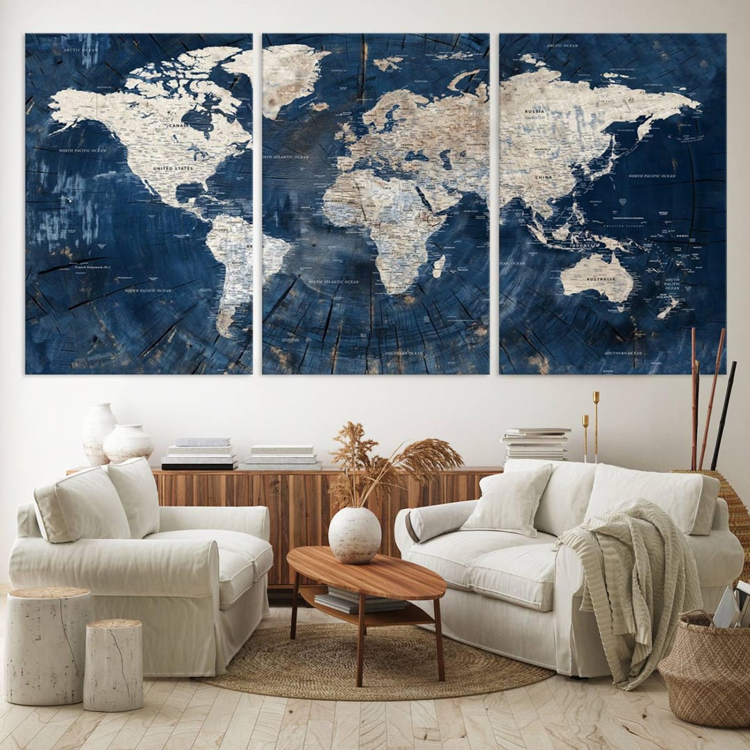 Rustic Blue World Map Canvas Print, Wood Style World Map, Framed Canvas ...