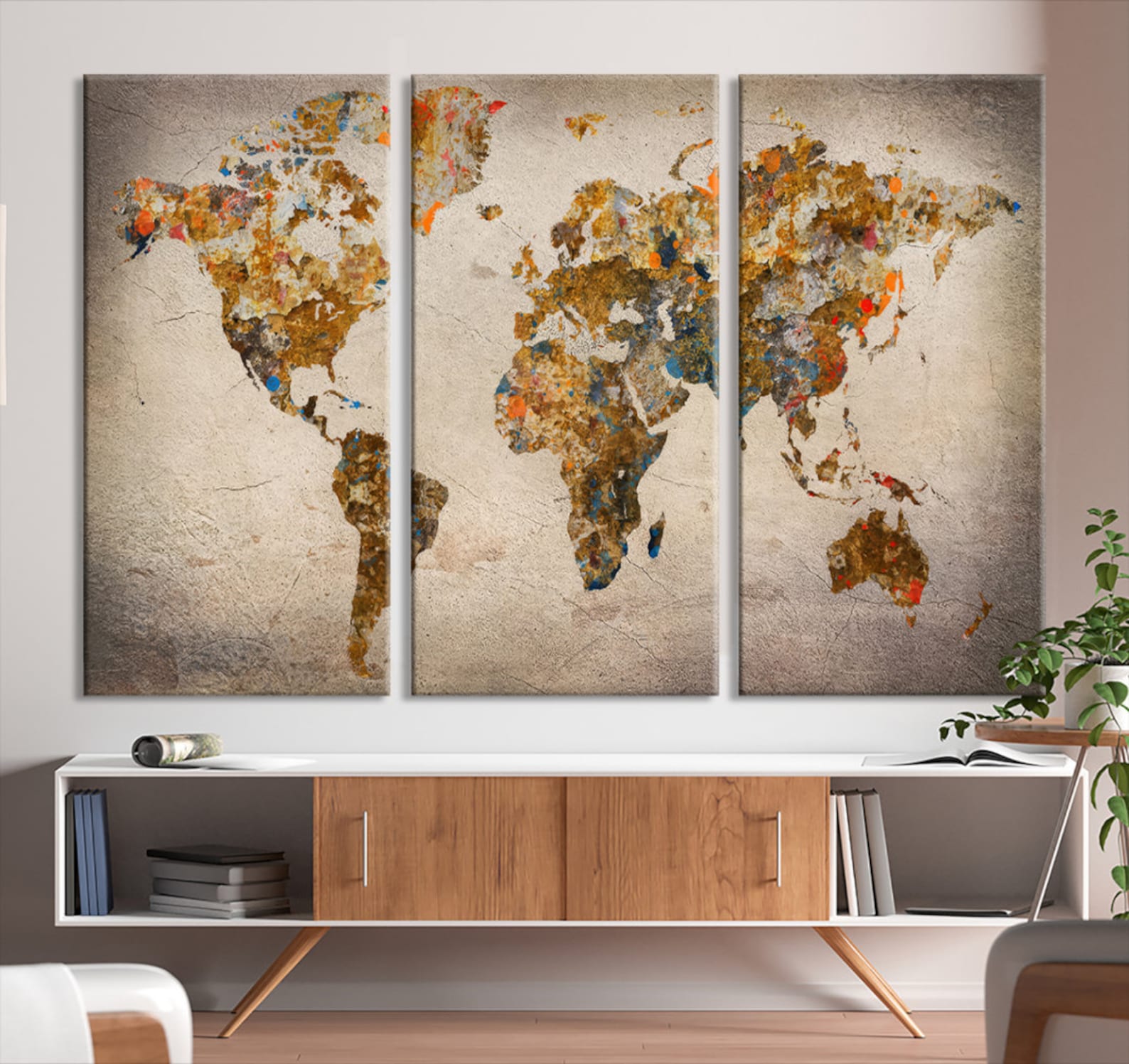 Vintage World Map Print, 3 Panel Map of the World, Framed Canvas Wall ...