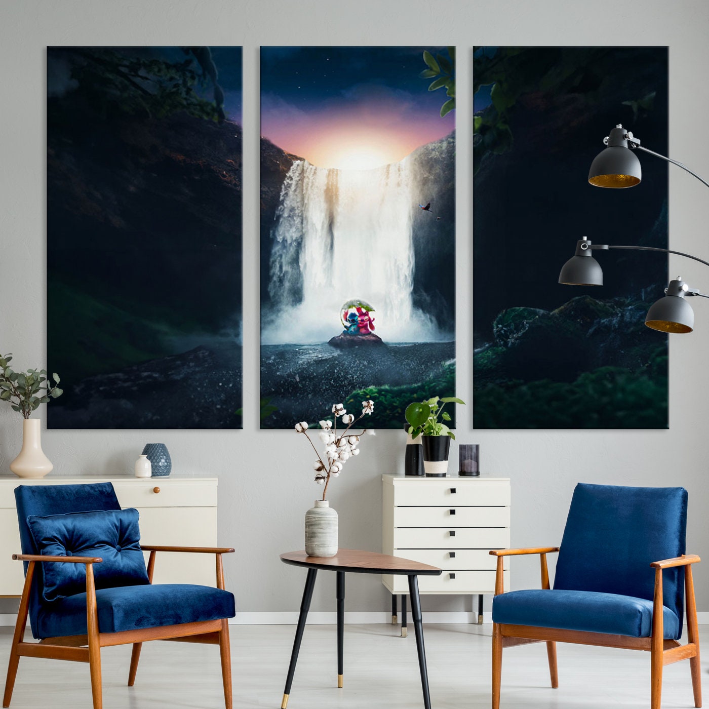 Stitch and Angel Under Waterfall Wall Art Canvas Print, Lilo & Stitch ...