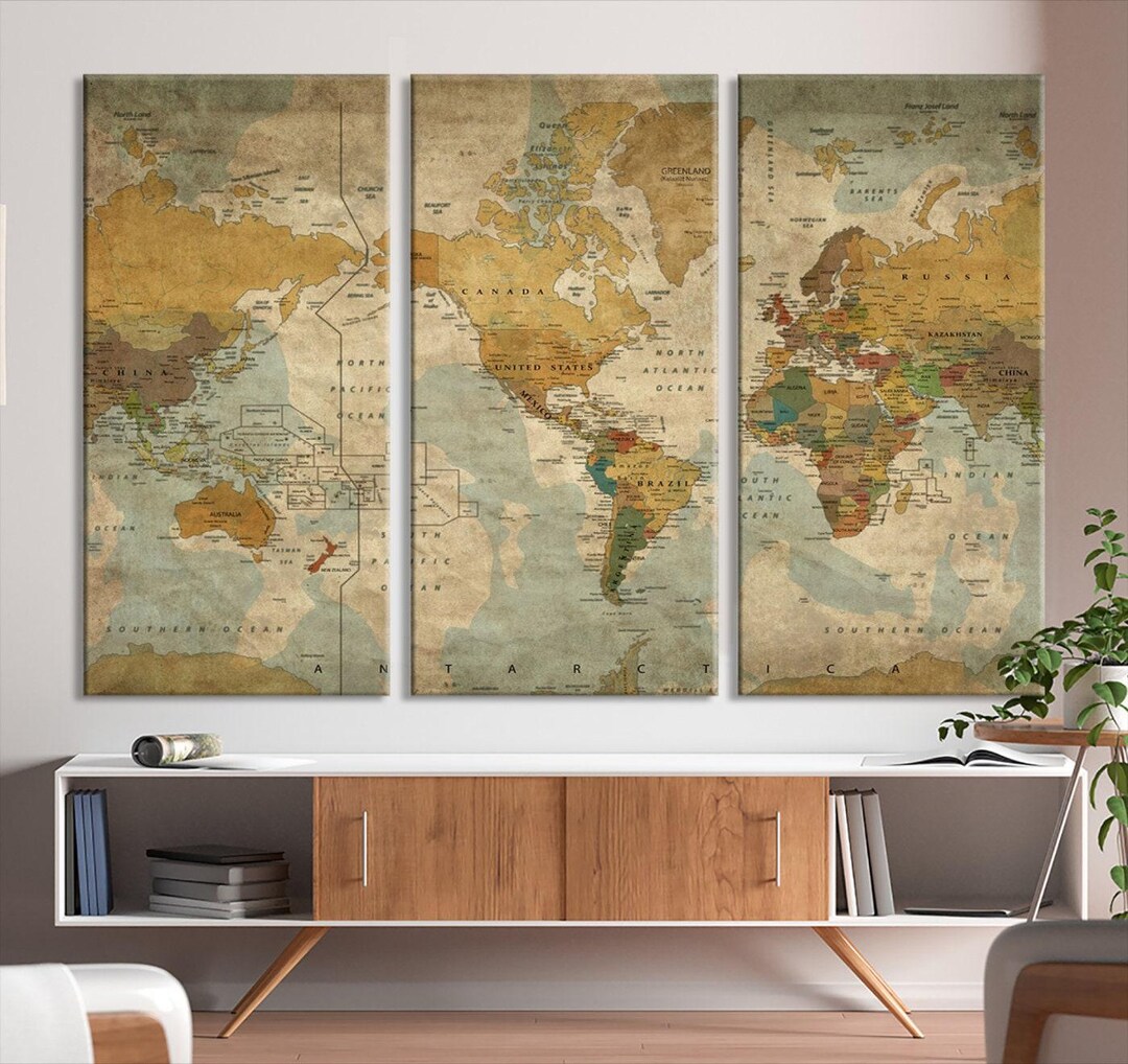 Old World Map Wall Art, Vintage World Map, Framed Canvas Print, Large ...