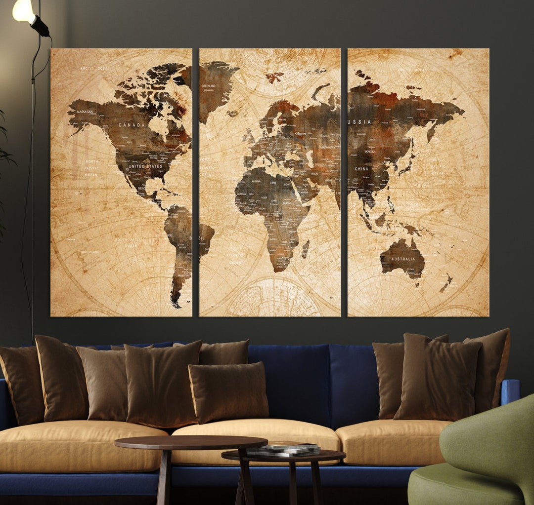 Sepia World Map Wall Art Canvas Print, Map for Travel Lover, Watercolor ...