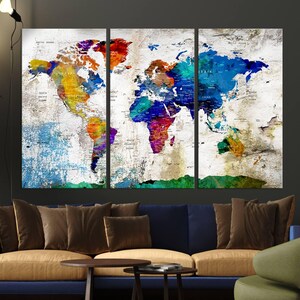 Rustic Blue World Map 3-panel Framed Wood Style Map Wall Art Ready-to ...