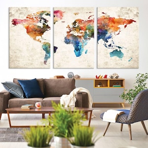 Vibrant Global Map Wall Art ~ World Map Canvas Print, Multi Panel World ...