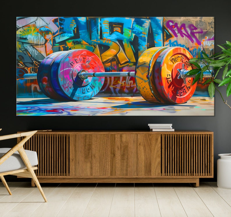 Fitness Wall Decor | Gym Canvas Wall Art | Barbell Graffiti Print ...