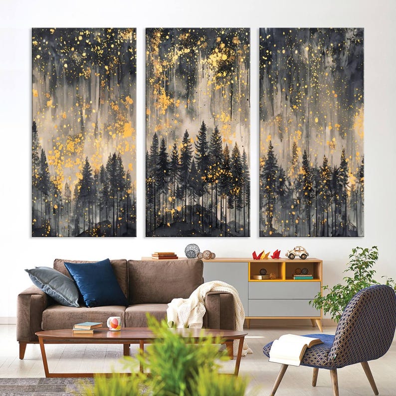 Golden Forest Abstract Wall Art | Dark Forest With Gold Splatter ...