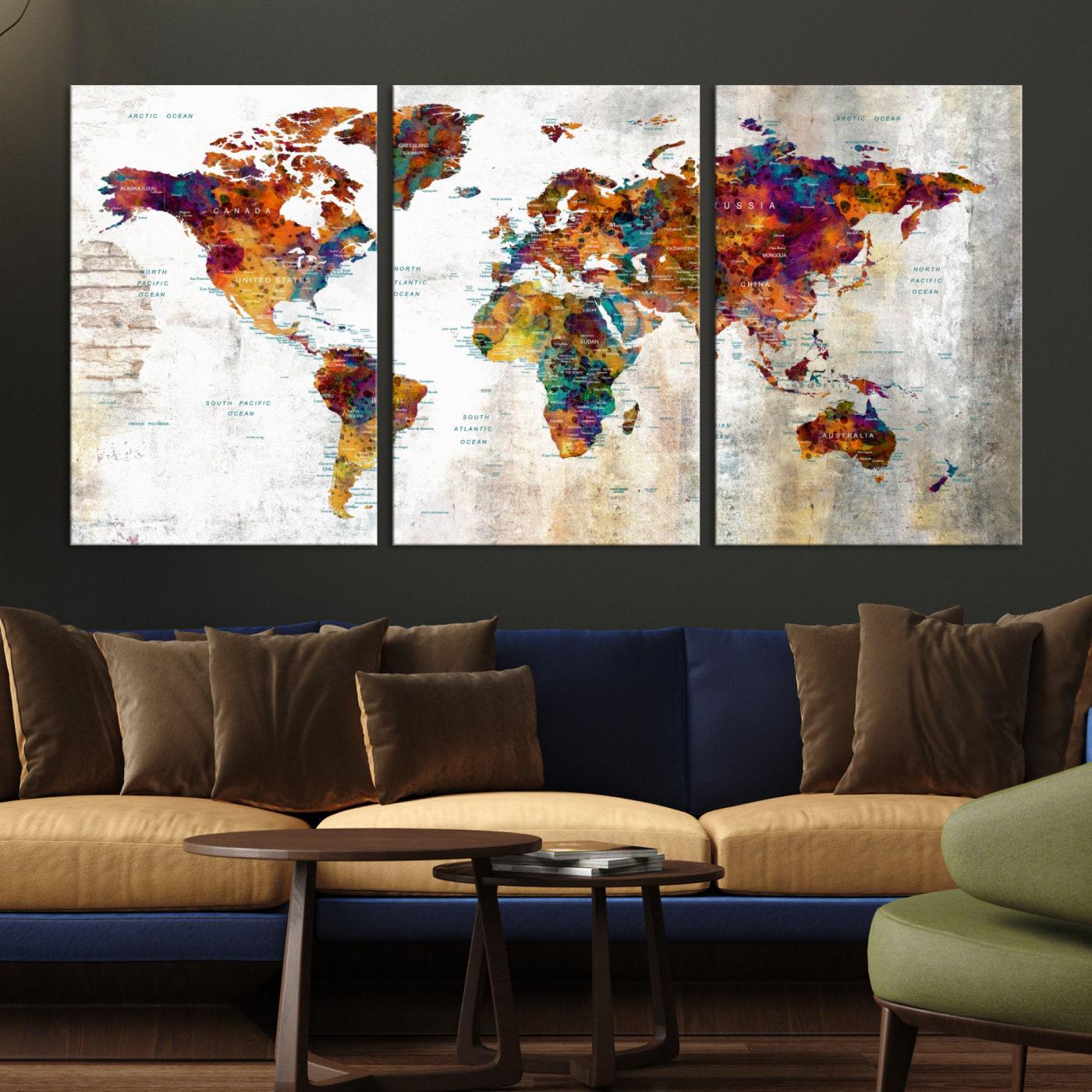 Vibrant 3-panel World Map Canvas Art – Grunge Map Framed and Ready to ...