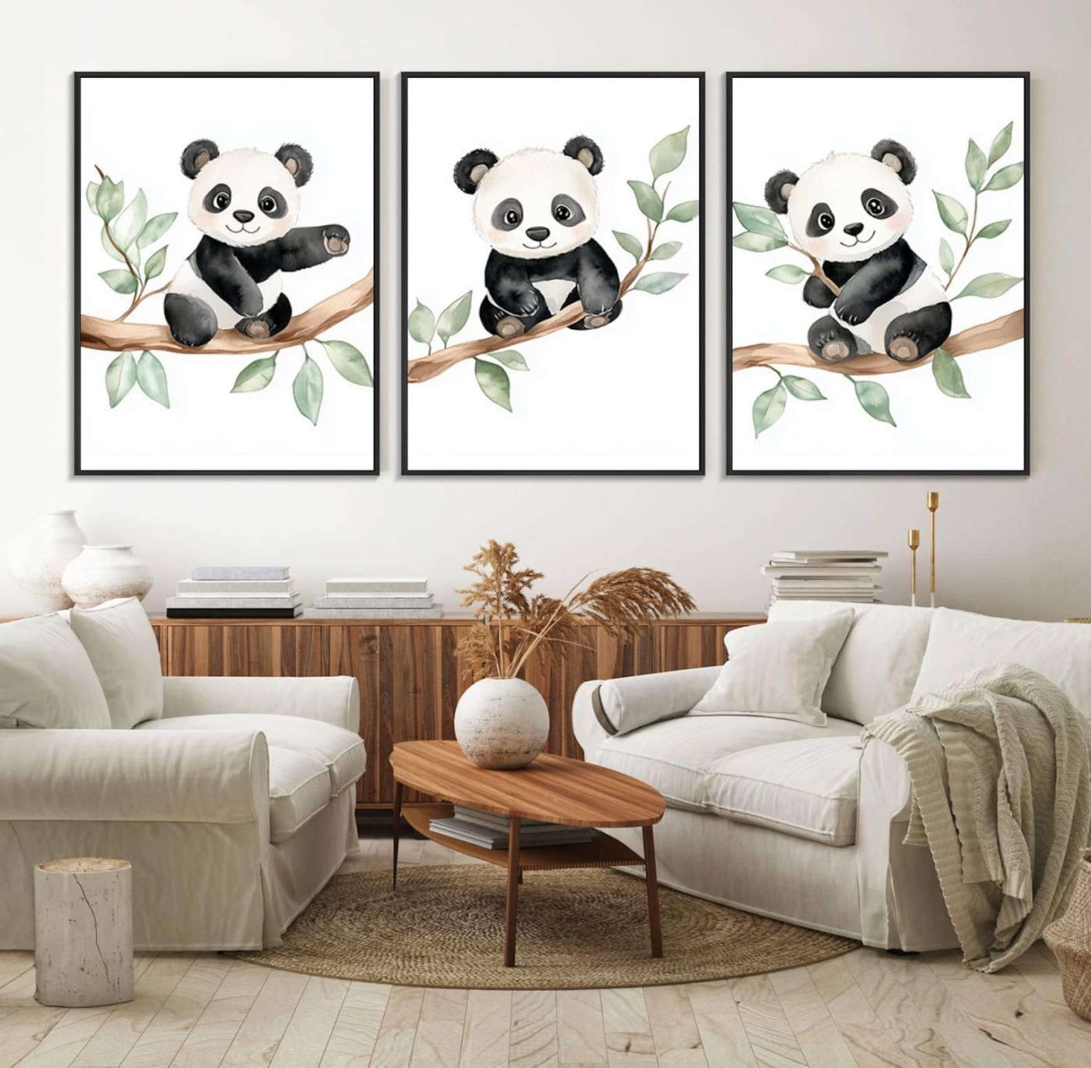 Panda Nursery Wall Art - Panda Bear Prints on Branch, Framed Play Room ...