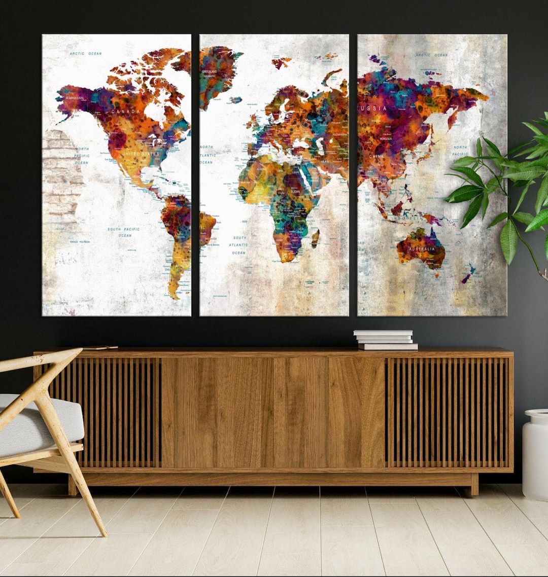 Vibrant 3-panel World Map Canvas Art – Grunge Map Framed and Ready to ...