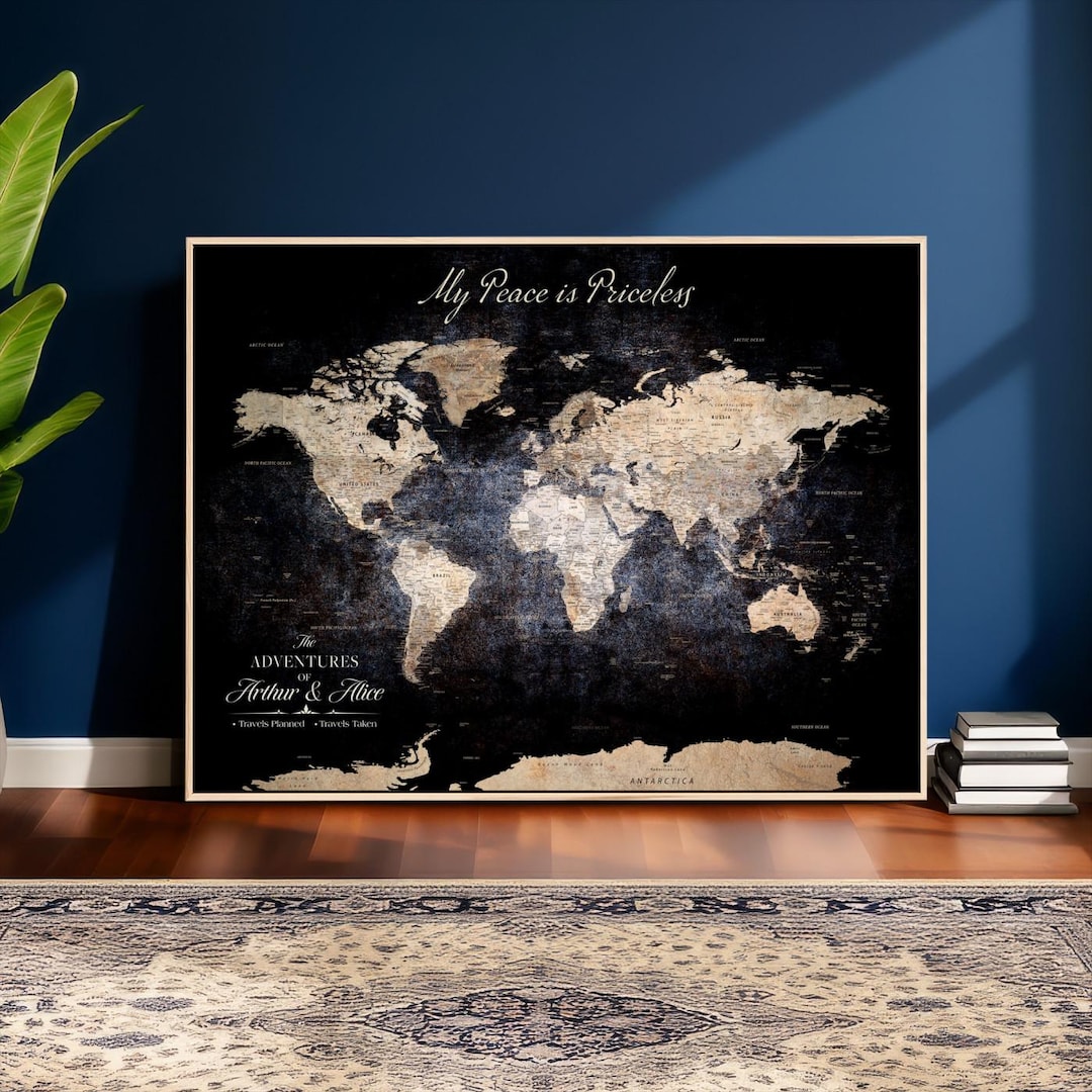 Personalized World Map Wall Art Canvas Print, Custom Dark Vintage Map ...