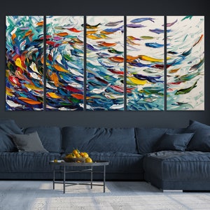Modern Abstract Fish Shoal Wall Art Canvas Print, Colorful Fish Herd ...