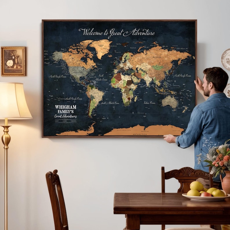 Personalized World Map Canvas Wall Art, Custom Family Travel Map, Dark ...