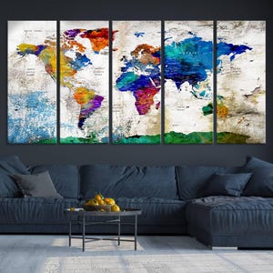 Rustic Blue World Map 3-panel Framed Wood Style Map Wall Art Ready-to ...
