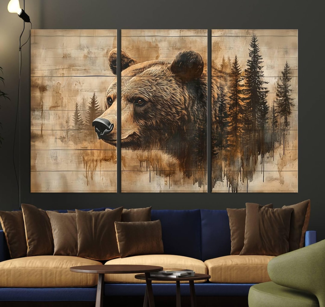 Abstract Rustic Grizzly Bear Wall Art Canvas Print - Woodland Wildlife ...