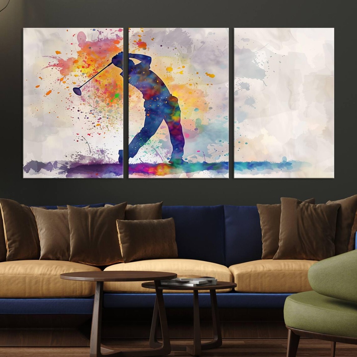 Watercolor Golf Player Watercolor Triptych Canvas Wall Art, Abstract ...