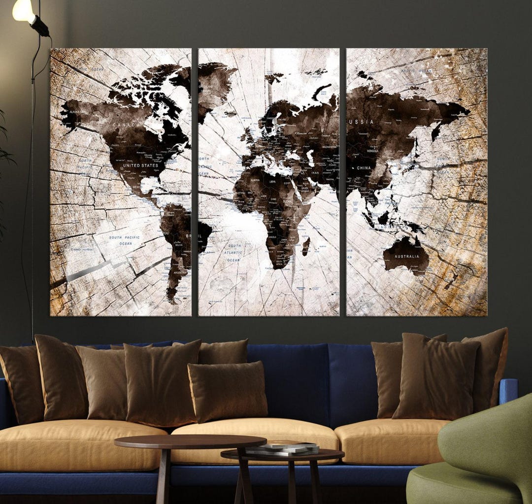 Rustic Cracked Wood World Map, 3 Panel Map of the World, Framed Canvas ...