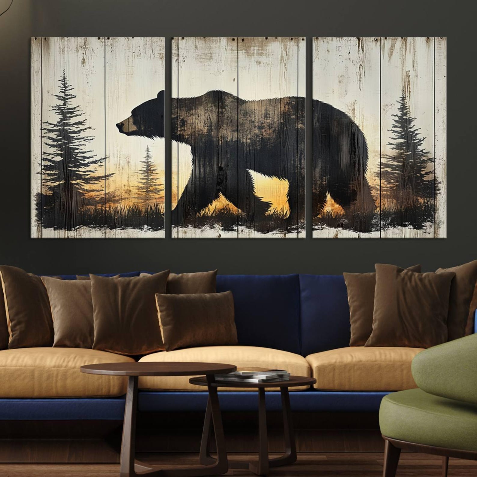 Rustic Bear and Mountain Wood Canvas Wall Art, Framed Nature Artwork ...