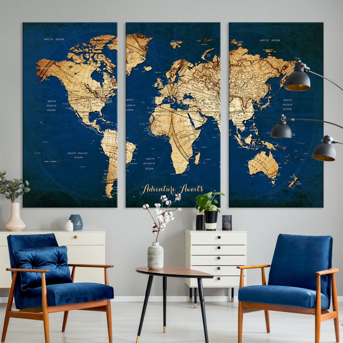 Navy Blue World Map Wall Art Canvas Print, Map for Travel Lover Old Map ...