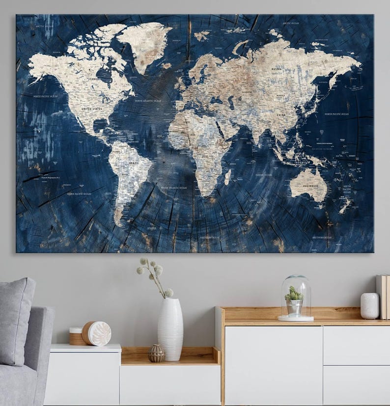 Rustic Blue World Map Canvas Print, Wood Style World Map, Framed Canvas ...
