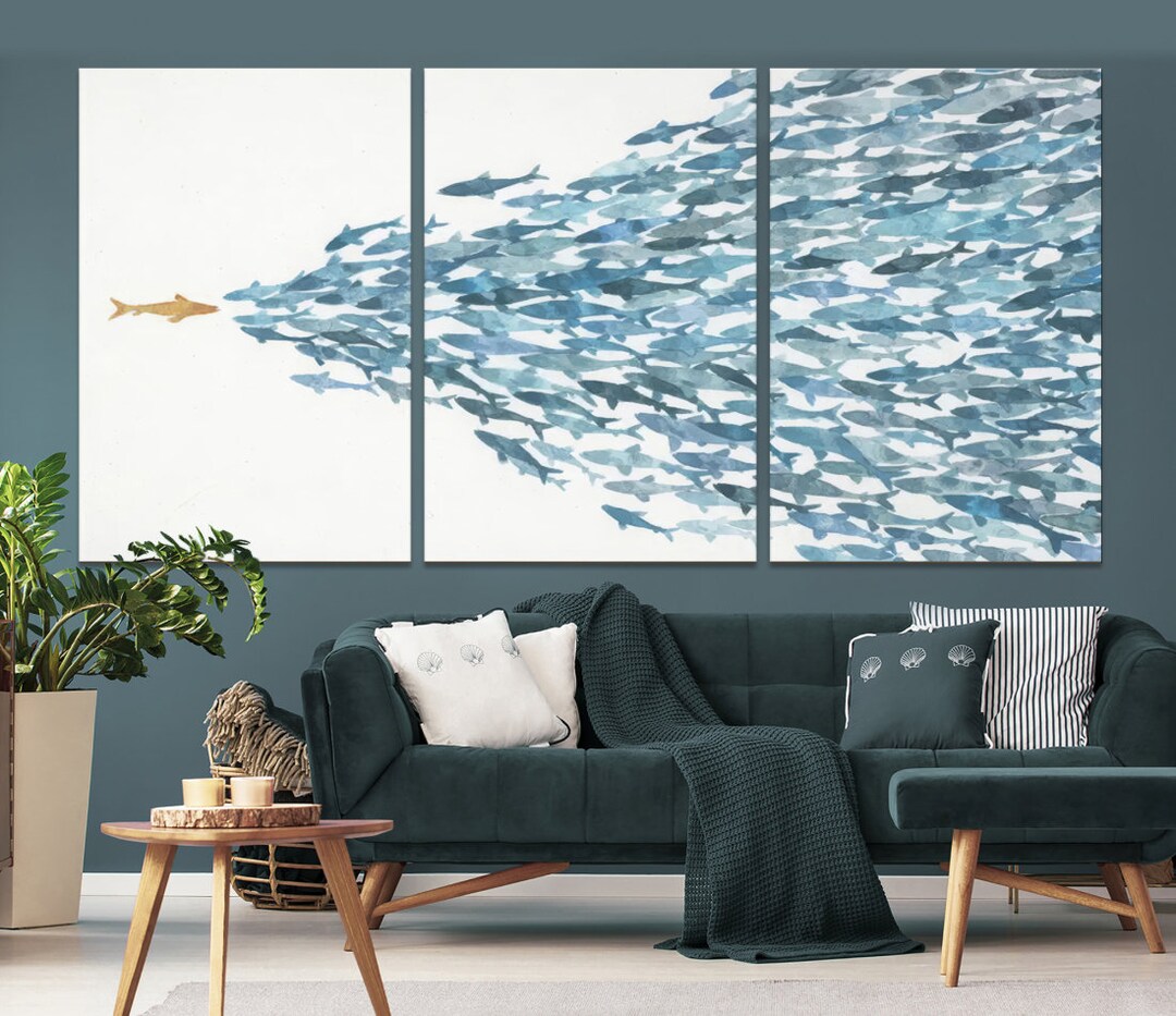 Minimalist Watercolor Shoal Fish Wall Art Canvas Print, Fish Herd ...