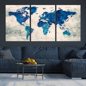 Watercolor Blue World Map Wall Art Canvas Print for Home and Office ...