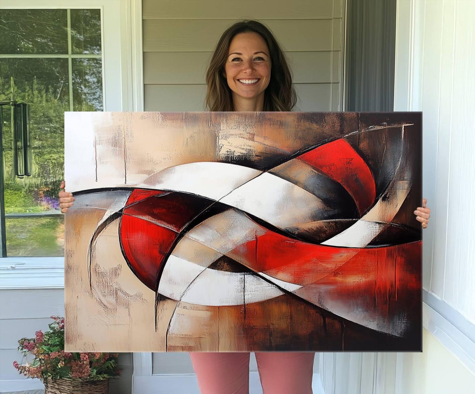 Abstract Wall Art - Modern Red and White Geometric Abstract Canvas Wall ...