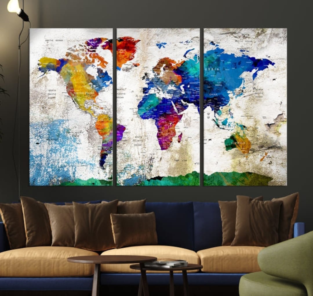 Large Wall Art World Map Canvas Print for Home and Office Room Decor ...