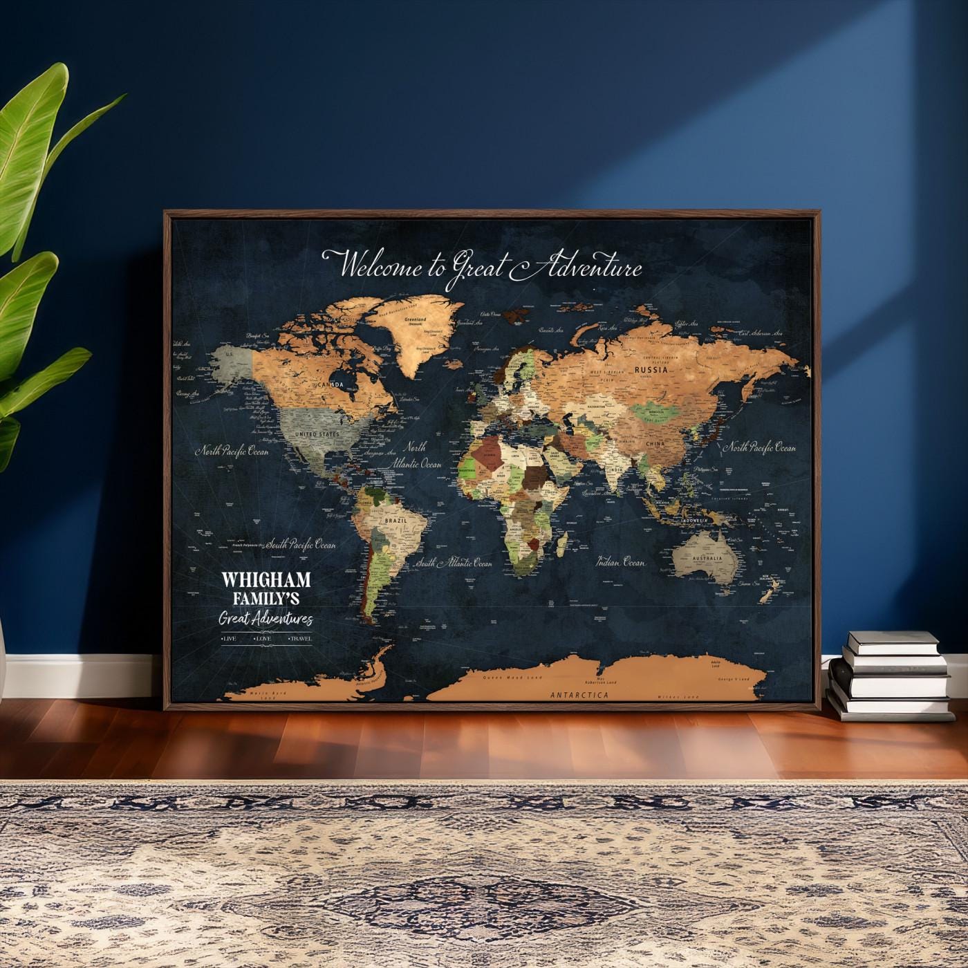 Personalized World Map Canvas Wall Art, Custom Family Travel Map, Dark ...