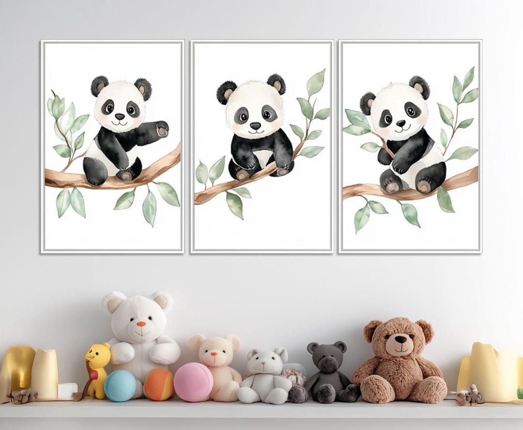 Panda Nursery Wall Art - Panda Bear Prints on Branch, Framed Play Room ...