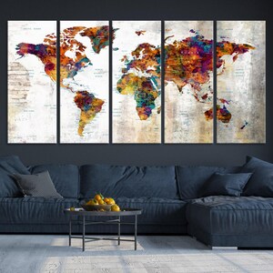 Vibrant 3-panel World Map Canvas Art – Grunge Map Framed and Ready to ...