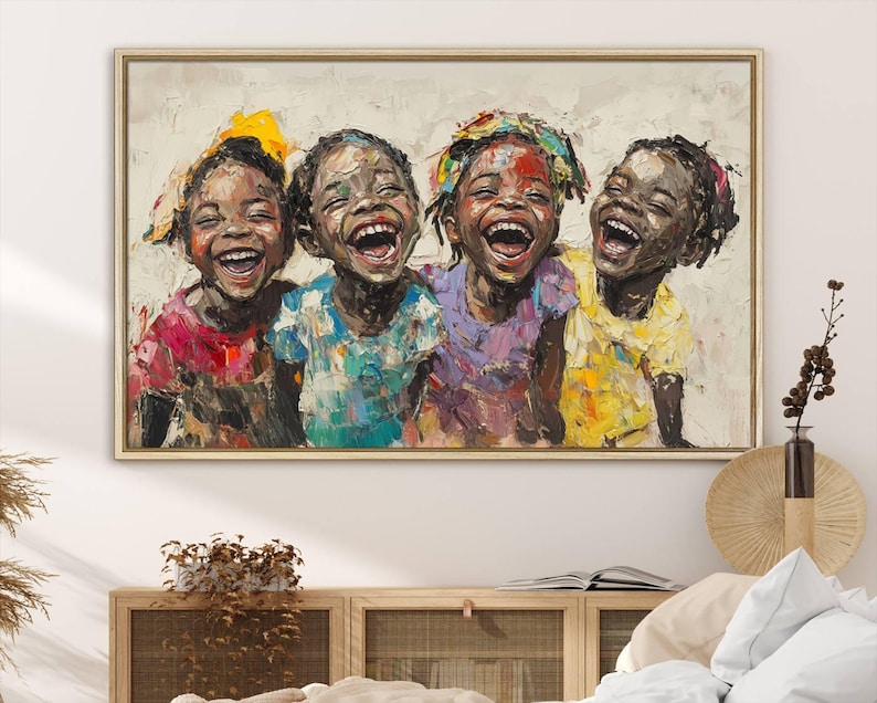 Afro American Wall Art, Laughing Kids Canvas Print, Impasto Painting ...