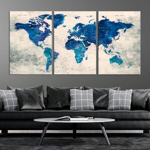Watercolor Blue World Map Wall Art Canvas Print for Home and Office ...