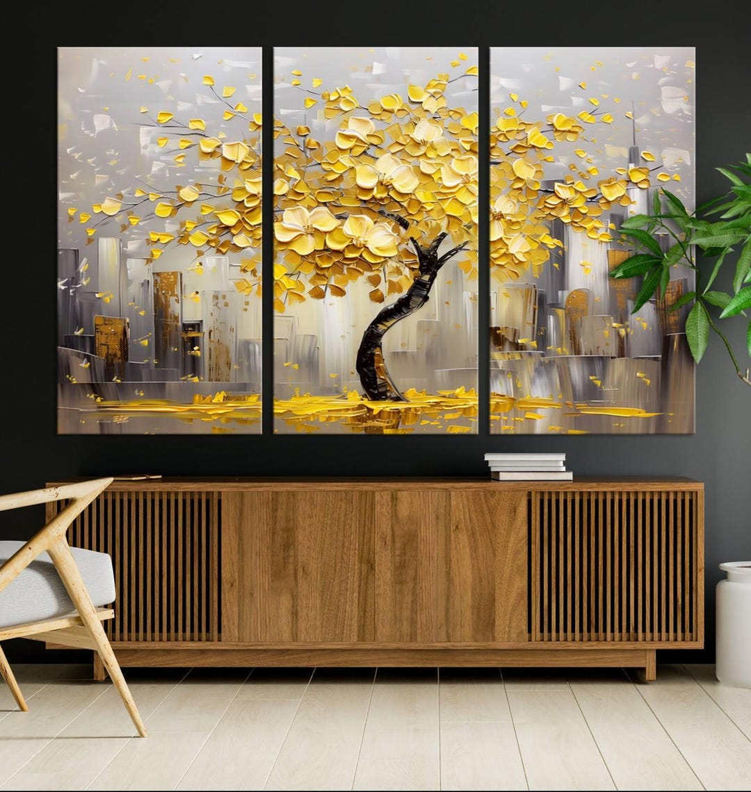 Abstract Yellow Blossom Tree Canvas Wall Art, Large Tree Wall Art ...