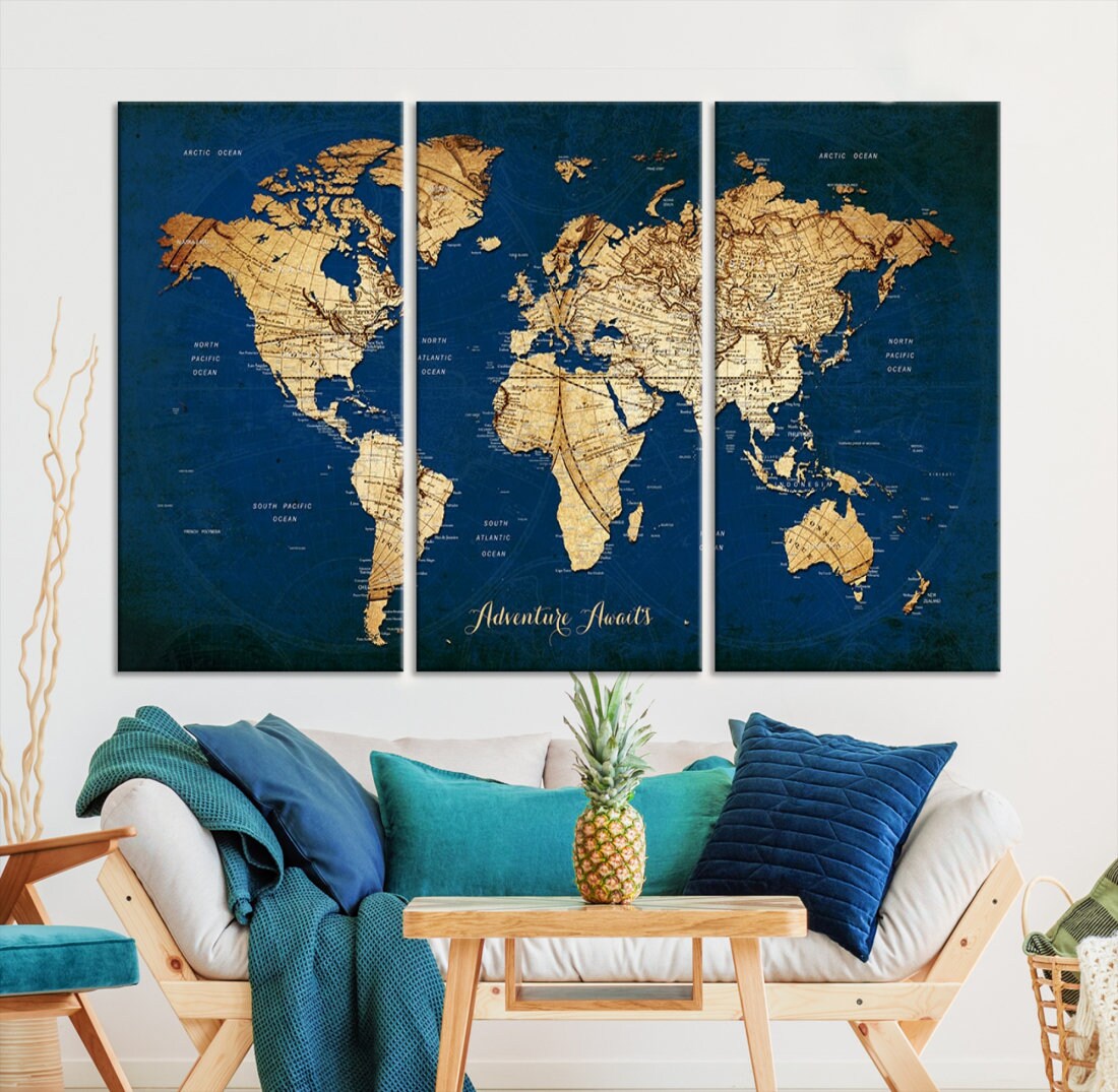 Navy Blue World Map Wall Art Canvas Print, Map for Travel Lover Old Map ...