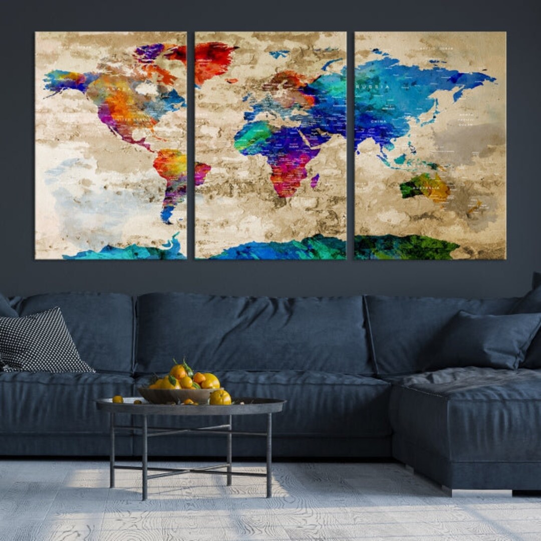Retro Grunge Push Pin Colorful World Map Wall Art Canvas Print - Ready ...