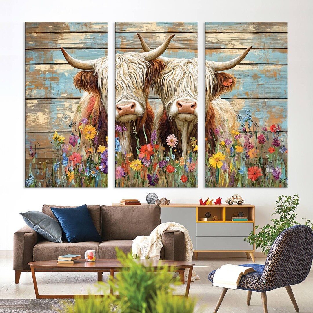 Highland Cow Canvas Wall Art, Rustic Farmhouse Decor, Spring Style ...