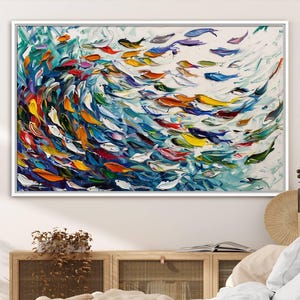 Modern Abstract Fish Shoal Wall Art Canvas Print, Colorful Fish Herd ...
