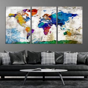 Rustic Blue World Map 3-panel Framed Wood Style Map Wall Art Ready-to ...