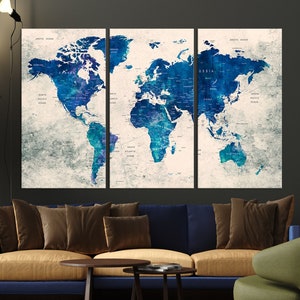 Watercolor Blue World Map Wall Art Canvas Print for Home and Office ...