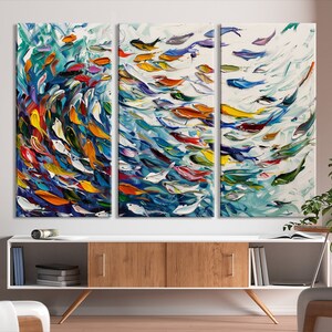 Modern Abstract Fish Shoal Wall Art Canvas Print, Colorful Fish Herd ...