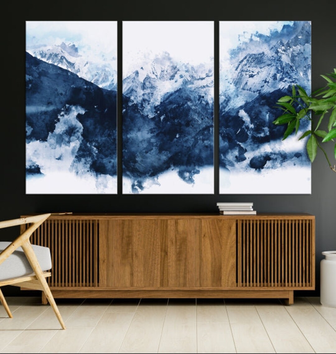 Dark Blue Abstract Mountain Canvas Print, Large Wall Art, Winter ...