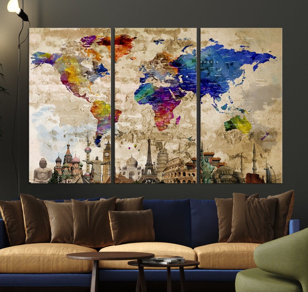 Sepia World Map Wall Art Canvas Print, Map for Travel Lover, Watercolor ...